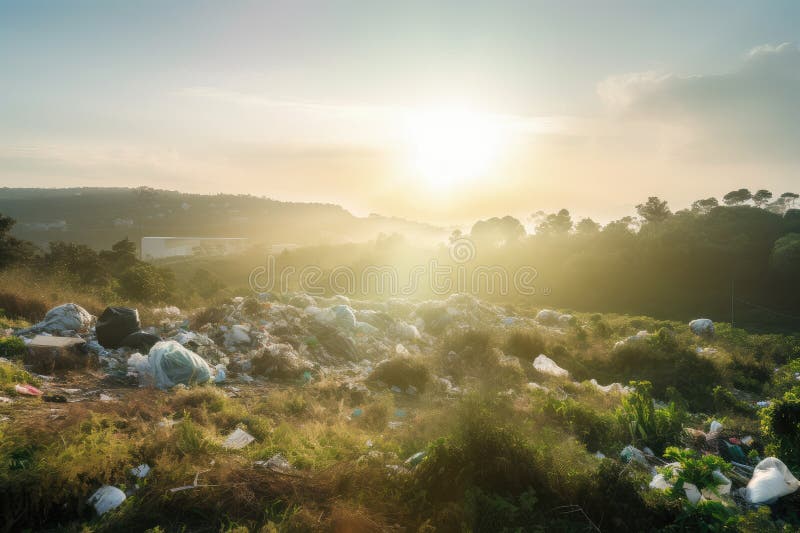 Landfill Surrounded by Greenery, with the Sun Shining Down on the Trash ...
