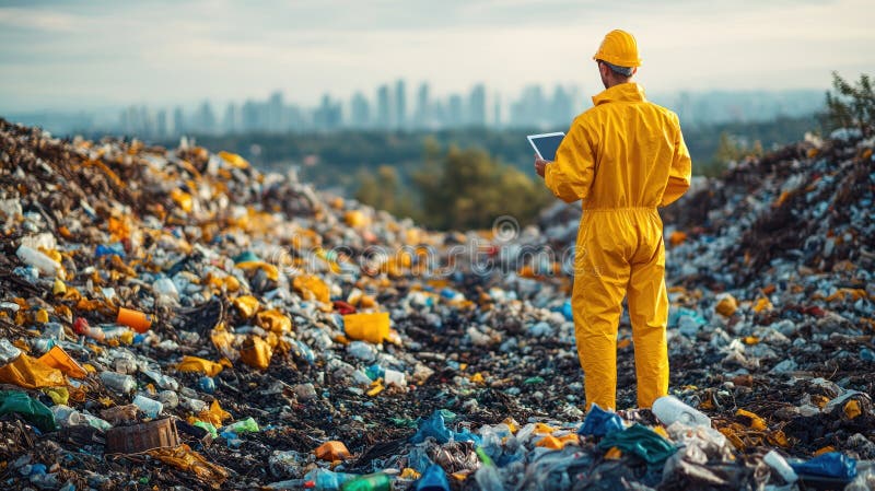 Landfill Worker Using Tablet, City Skyline Stock Illustration ...