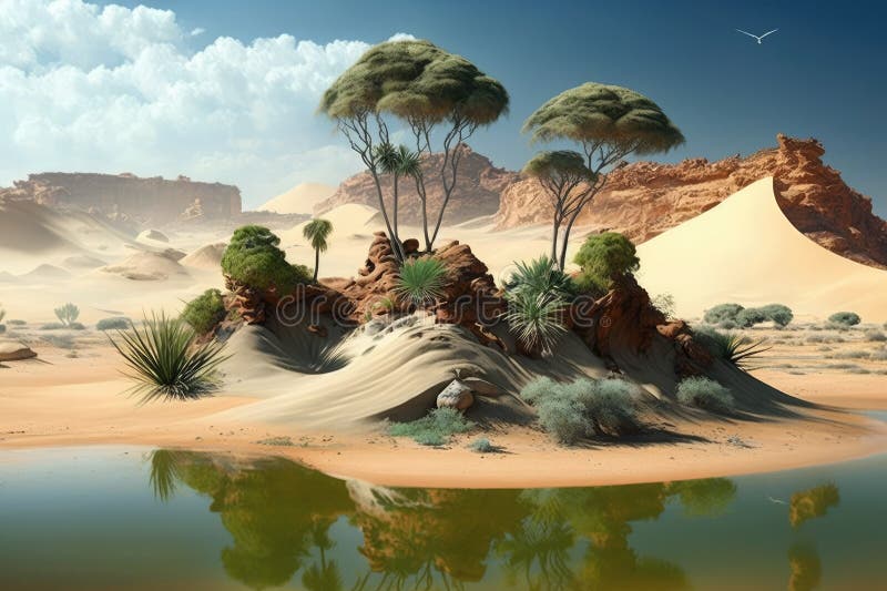 Landforms Typical of a Desert, Including Oasis Stock Illustration ...