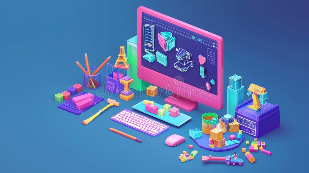 Landing Page with 3d Model Project on a Computer Screen. Construction ...