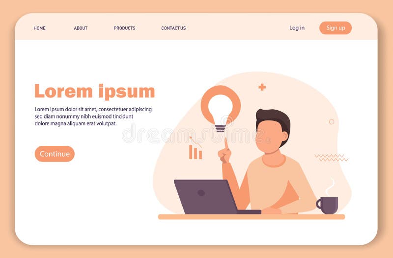 Landing Page, Man at His Desk Works on a Laptop and Drinks Coffee ... Landing Page, Man at His Desk Works on a Laptop and Drinks Coffee ...