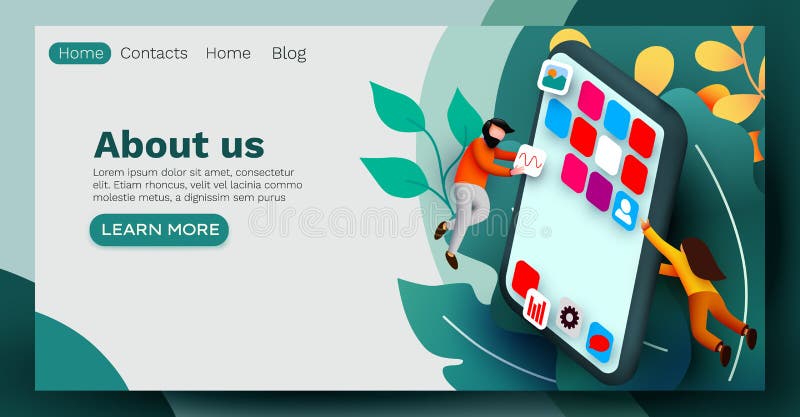 Landing Page. Modern Banner Template with Tiny People and Giant Smartphone. Mobile App Design ...