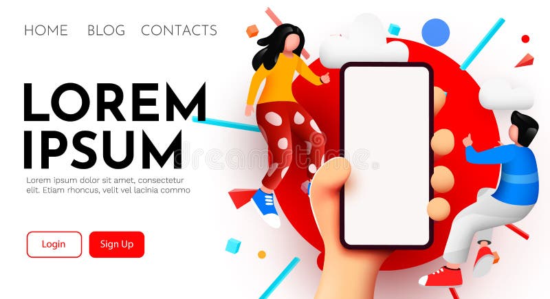 Landing Page. Modern Banner Template with Tiny People and Giant Smartphone. Mobile App Design ...