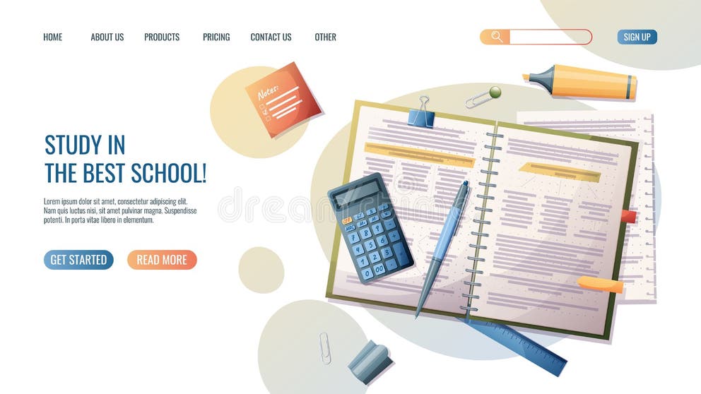 Landing Page Template with School Notebook, Notes, Calculator.Back To ...
