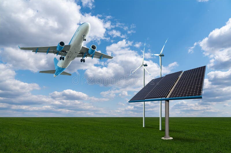 Landing Plane with Solar Panels and Wind Turbines Stock Photo - Image ...
