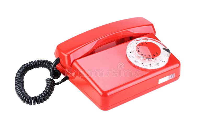 Red Vintage Landline Telephone with Dial Dial on Old Wooden Dark Desk ...