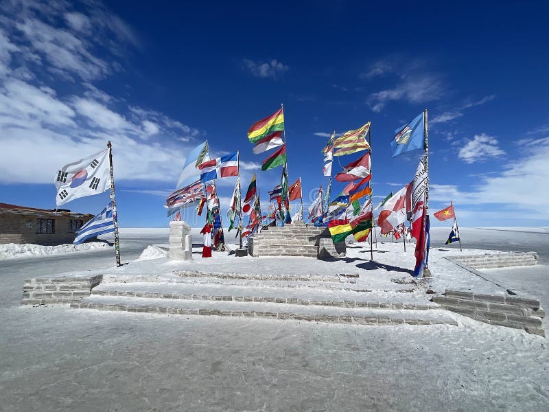 A Landmark of Flags in the Endless White Plains - Uyuni Salt Flat ...