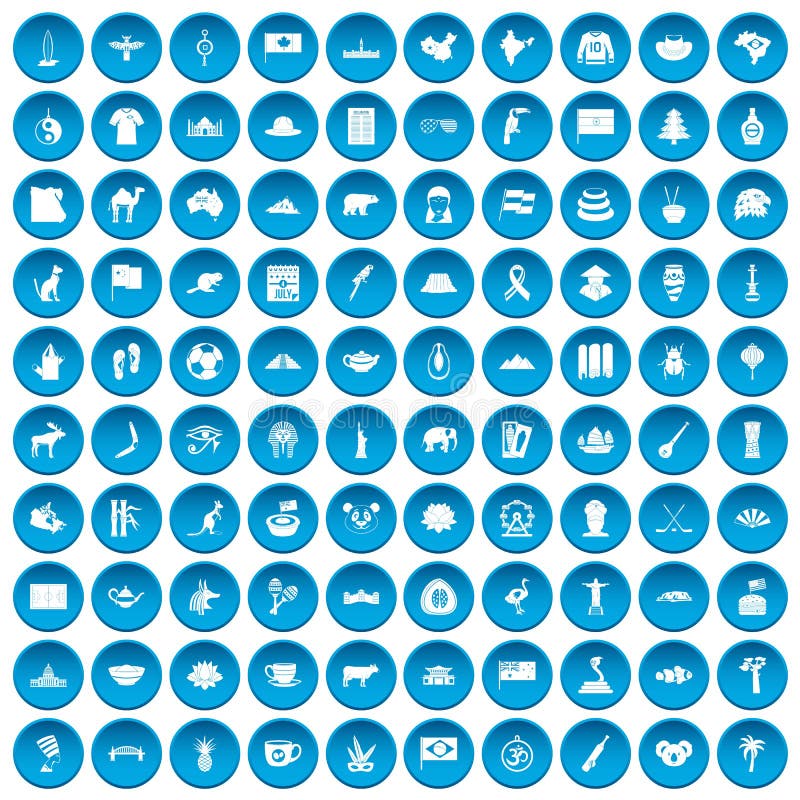 100 Landmarks Icons Set Blue Stock Vector - Illustration of freedom ...