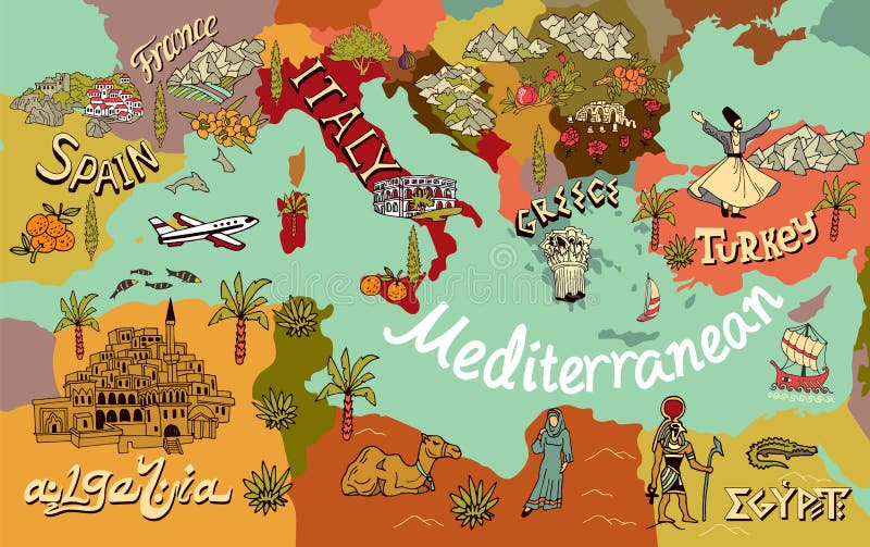 Illustrated Map of Mediterranean. Stock Vector - Illustration of africa ...