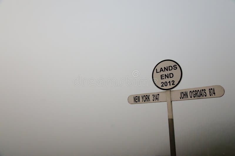 Lands End Signpost in Thick Fog - Cornwall - England Stock Image ...
