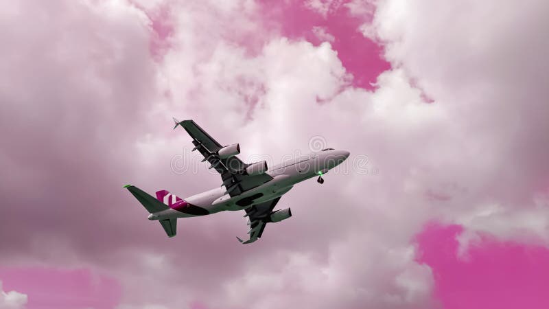 Landscape with Aircraft is Flying in the Pink Sky with Clouds Stock ...