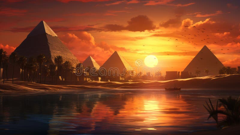 Landscape with Ancient Egyptian Pyramids, Beautiful Sky and Sunset. the ...