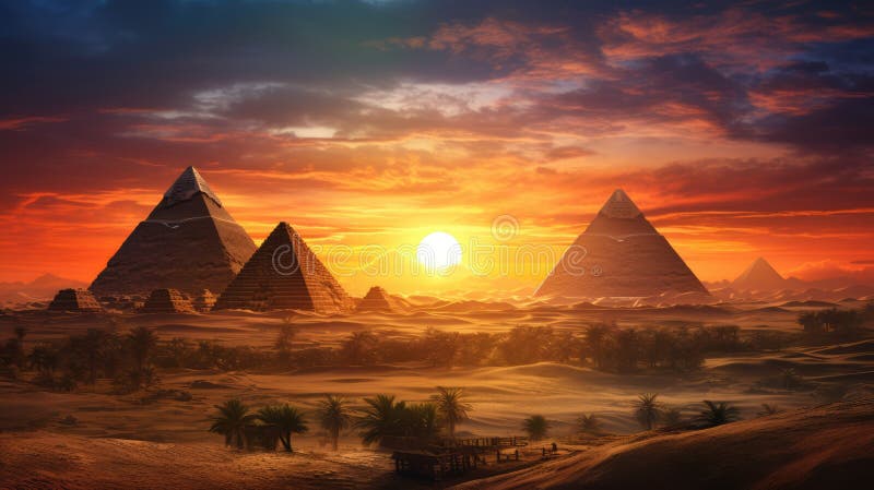 Landscape with Ancient Egyptian Pyramids, Beautiful Sky and Sunset. the ...