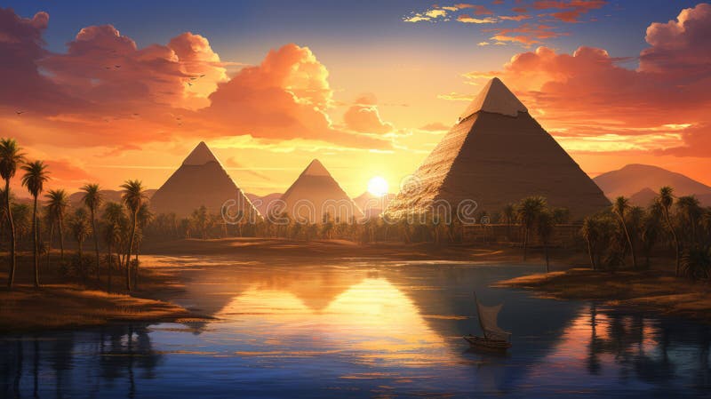 Landscape with Ancient Egyptian Pyramids, Beautiful Sky and Sunset. the ...