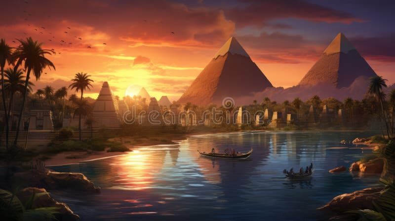 Landscape with Ancient Egyptian Pyramids, Beautiful Sky and Sunset. the ...
