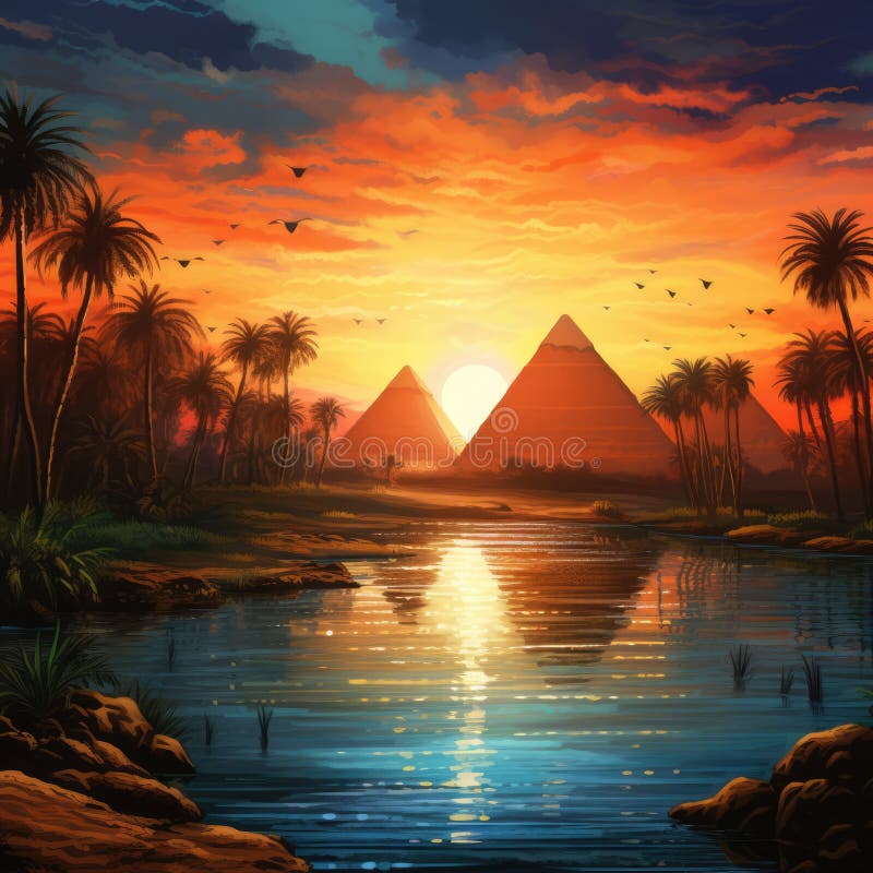 Landscape with Ancient Egyptian Pyramids, Beautiful Sky and Sunset. the ...