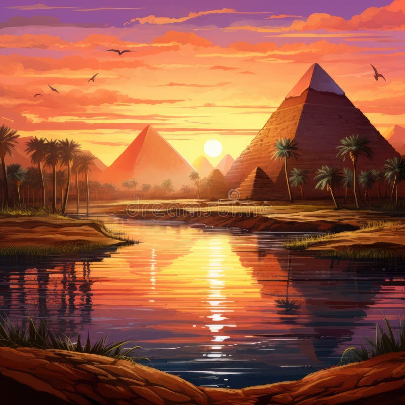 Landscape with Ancient Egyptian Pyramids, Beautiful Sky and Sunset. the ...