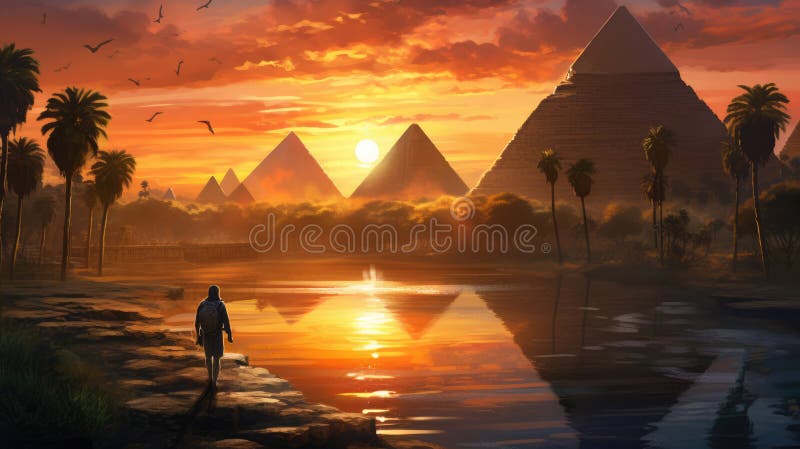 Landscape with Ancient Egyptian Pyramids, Beautiful Sky and Sunset. the ...