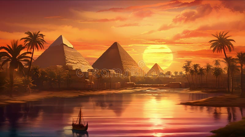 Landscape with Ancient Egyptian Pyramids, Beautiful Sky and Sunset. the ...