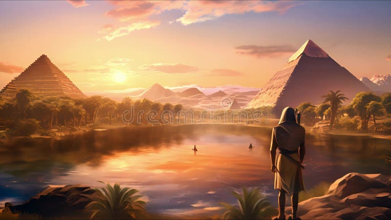 Landscape with Ancient Egyptian Pyramids, Beautiful Sky and Sunset. the ...