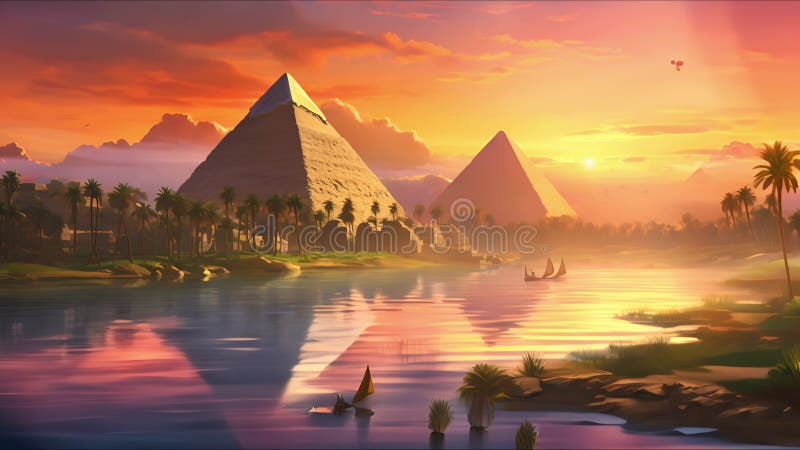 Landscape with Ancient Egyptian Pyramids, Beautiful Sky and Sunset. the ...