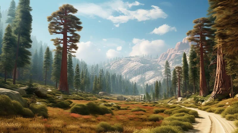 Landscape with Ancient High Sequoias. Generative AI Stock Illustration ...
