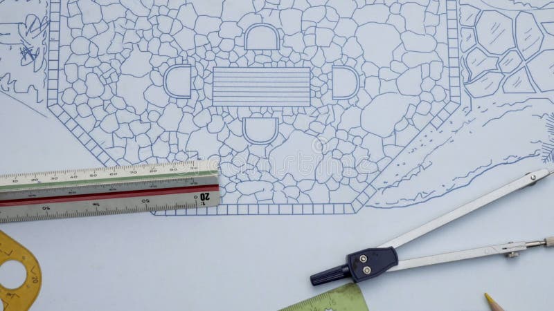 Landscape Architect Check Scale of Blueprint Backyard Garden and Pool ...