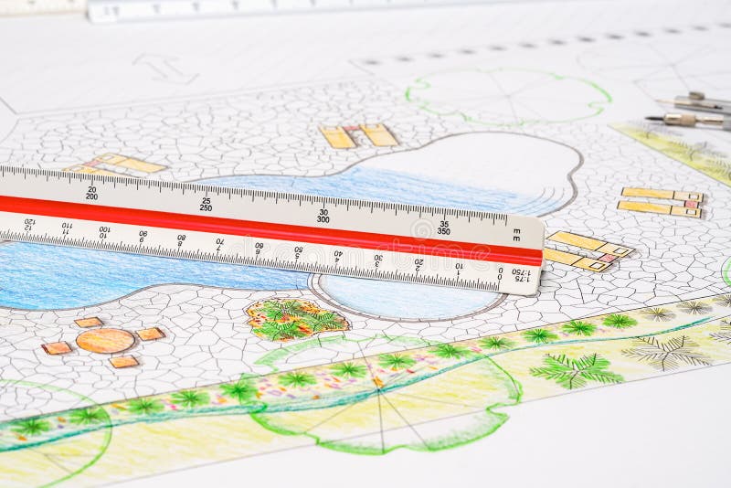 Landscape Architect Design Backyard Pool Plan with Metric Scale Ruler ...