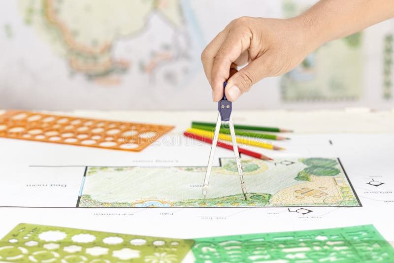 Landscape Architect Design L Shape Backyard Plan. Stock Photo - Image ...