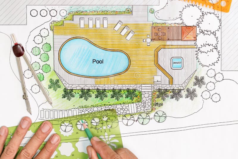 Landscape Architect Designs Backyard Plan with Pool Stock Image - Image ...