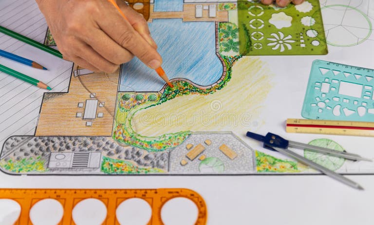 Landscape Architect Student Learning Garden Plan Design by Hand Drawing ...