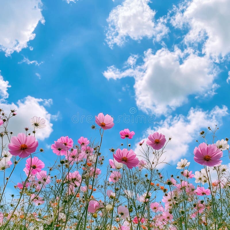 Landscape Arrangement with Pink Cosmos Fields in Backlight, Stock ...