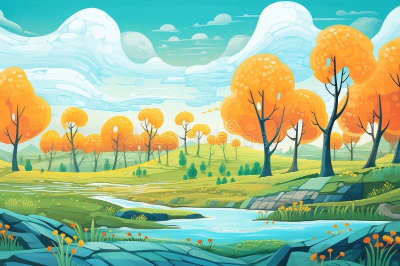 Landscape with Ash Tree Forest and Glowing Lava River Stock ...