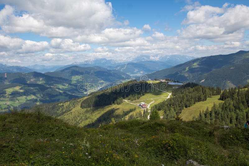 Landscape in Austrian Alps with Roads and a Lake, and a House Stock ...