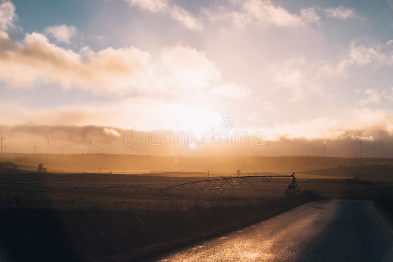 Landscape with Automated Rotating Sprinkler System Machine with Wheels ...