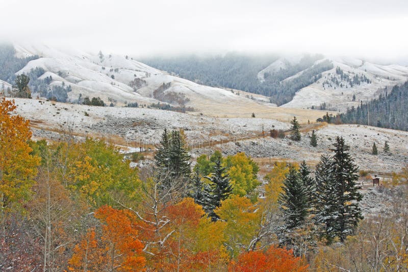 Landscape with Autumn Colors and First Snow Stock Photo - Image of ...