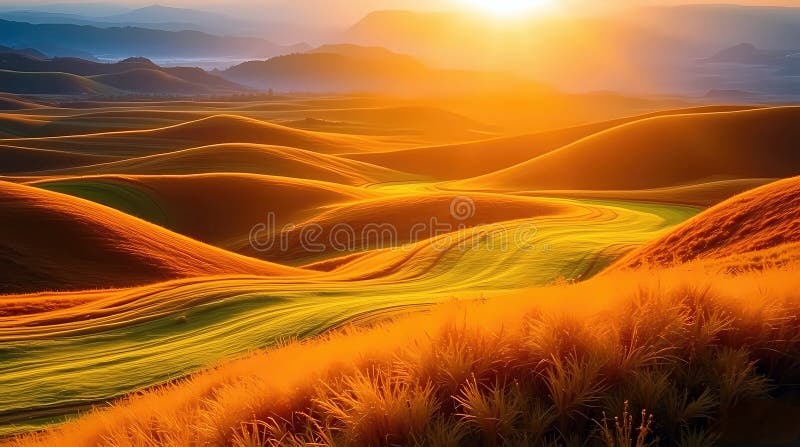 Landscape Backdrop - Rolling Golden Hills with Sunlit Wheat Fields and ...