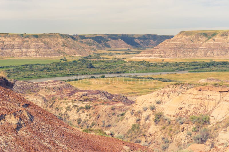 Landscape of the Badlands of Drumheller with the Red Deer River Stock ...
