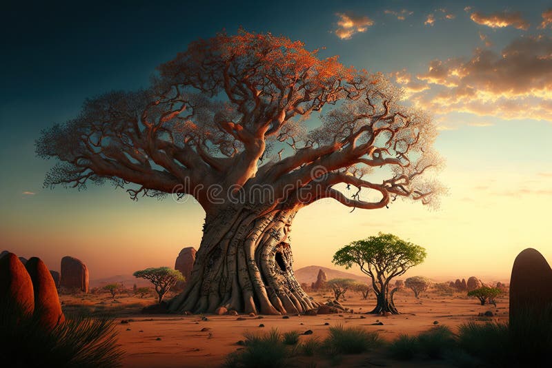 Landscape with Baobab Tree. Generative AI Stock Illustration ...