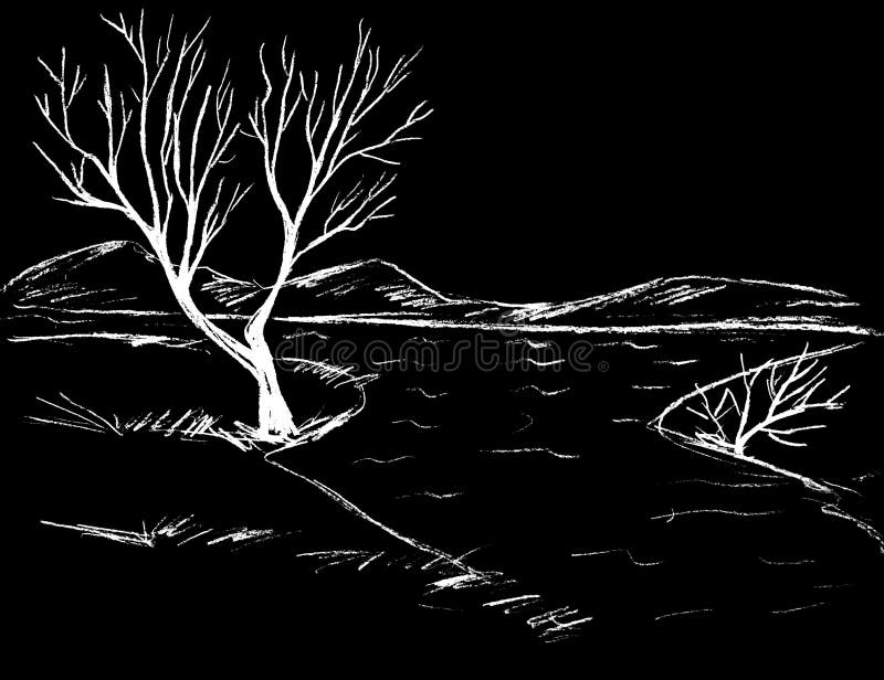 Landscape with a Bare White Tree on a Black Background Stock ...