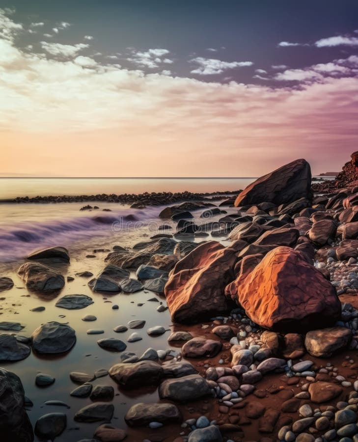 Landscape of Beach with Rocks Over Sea and Blue Sky, Created Using ...