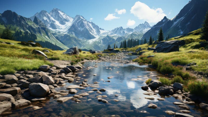 Landscape with Beautiful Mountains, Forests and River Stock ...