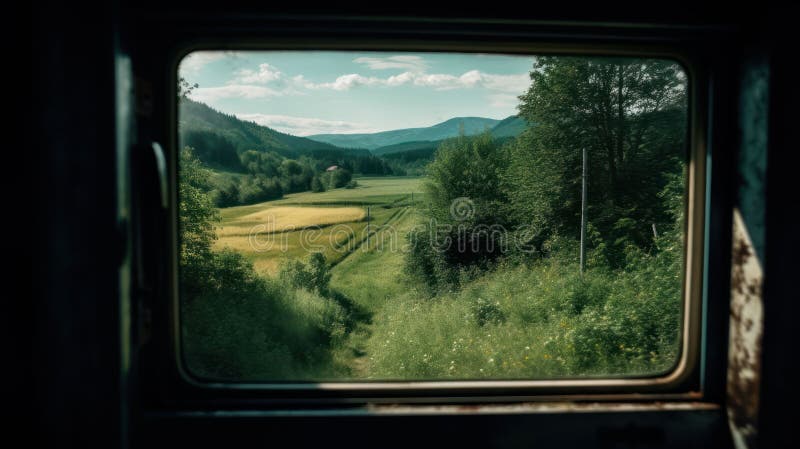 Landscape Beautiful View Out of Window from Riding Train among Summer ...