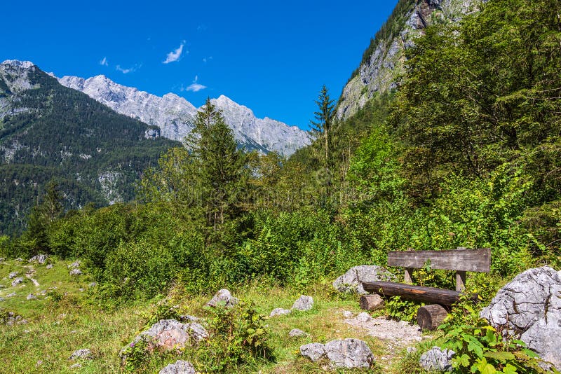 Landscape with Bench in the Berchtesgaden Alps, Germany Stock Photo ...