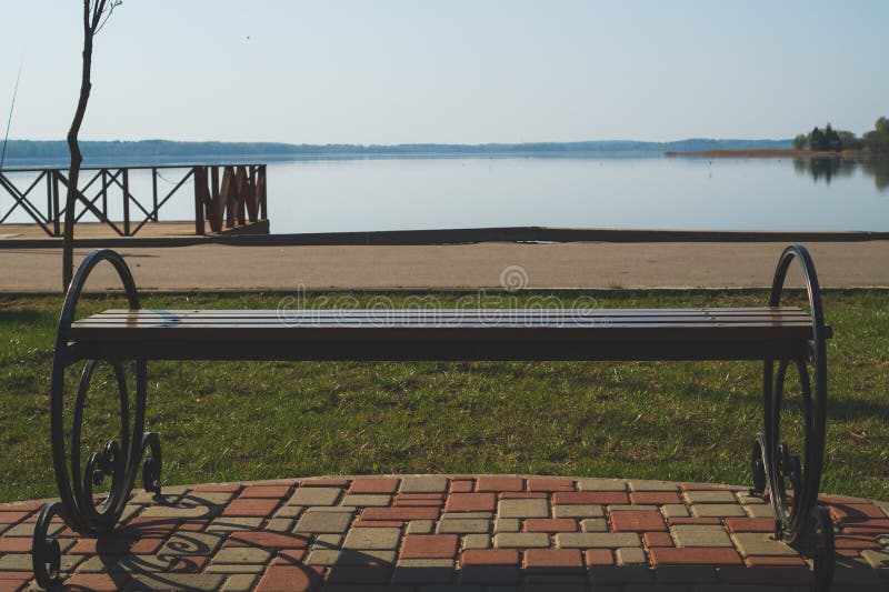 Landscape with Bench on the Lake Shore Stock Image - Image of shore ...