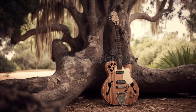 Landscape with a Big Tree and a Guitar Leaning Against it Generative AI ...