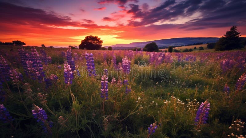 Landscape Blooming Meadow Under the Rays of the Setting Sun. Generative ...