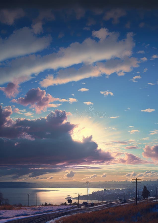 Landscape of Blue Sky, Sun and Clouds Over Coast and Roads, Using ...