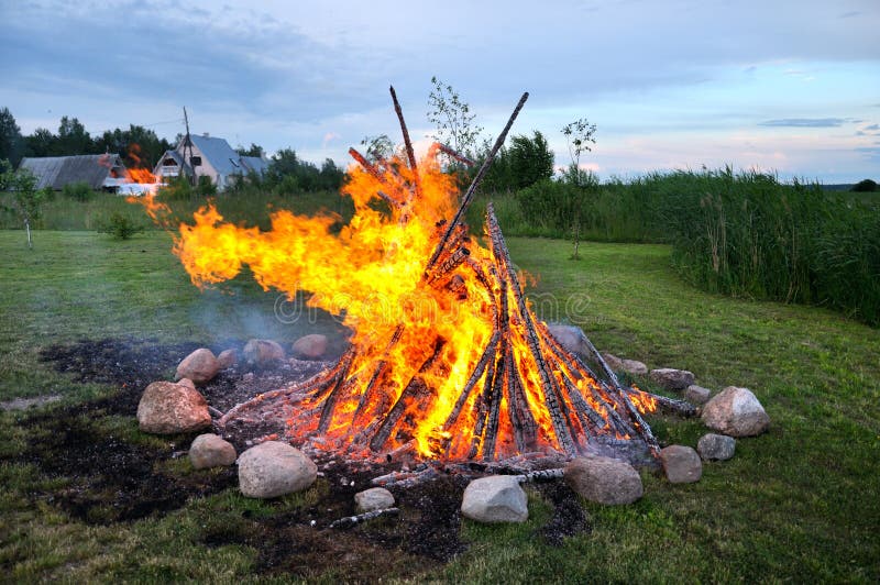 Landscape with Bonfire, Night and Bright Hot Flame Stock Image - Image ...