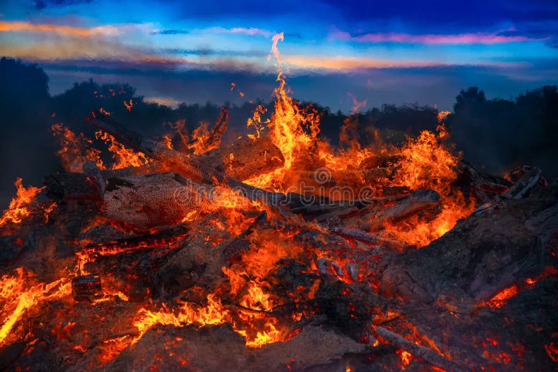 Landscape with Bonfire, Night and Bright Hot Flame Stock Image - Image ...